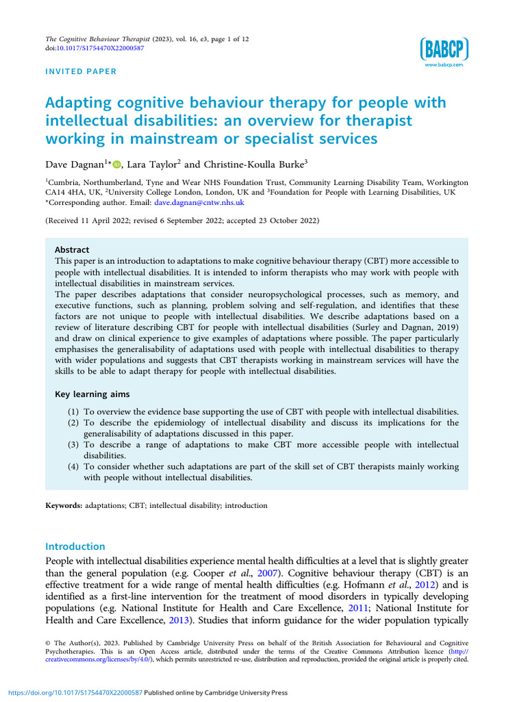 Adapting Cognitive Behaviour Therapy For People With Intellectual Disabilities An Overview For ...