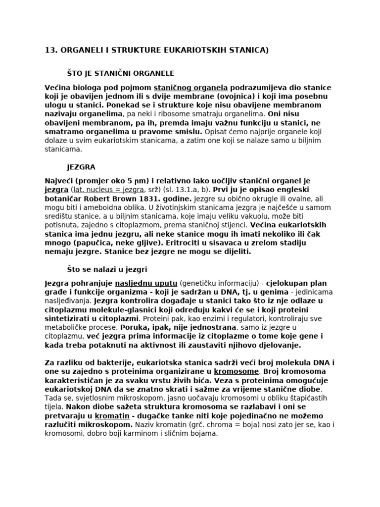 Biologija - Lekcija 13 - Organeli I Strukture Eukariotskih Stanica | PDF
