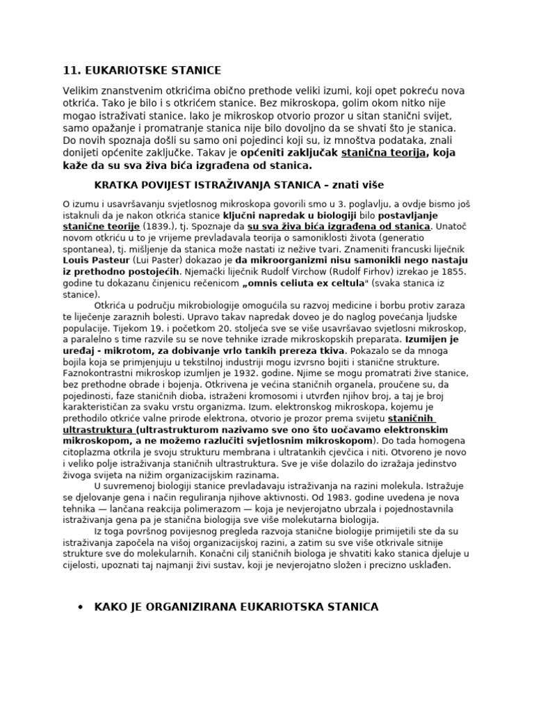 Biologija - Lekcija 11 - Eukariotske Stanice | PDF