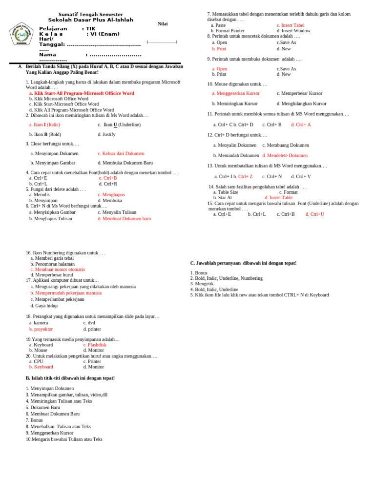Kunci Jawaban Soal Kelas 6 TIK | PDF