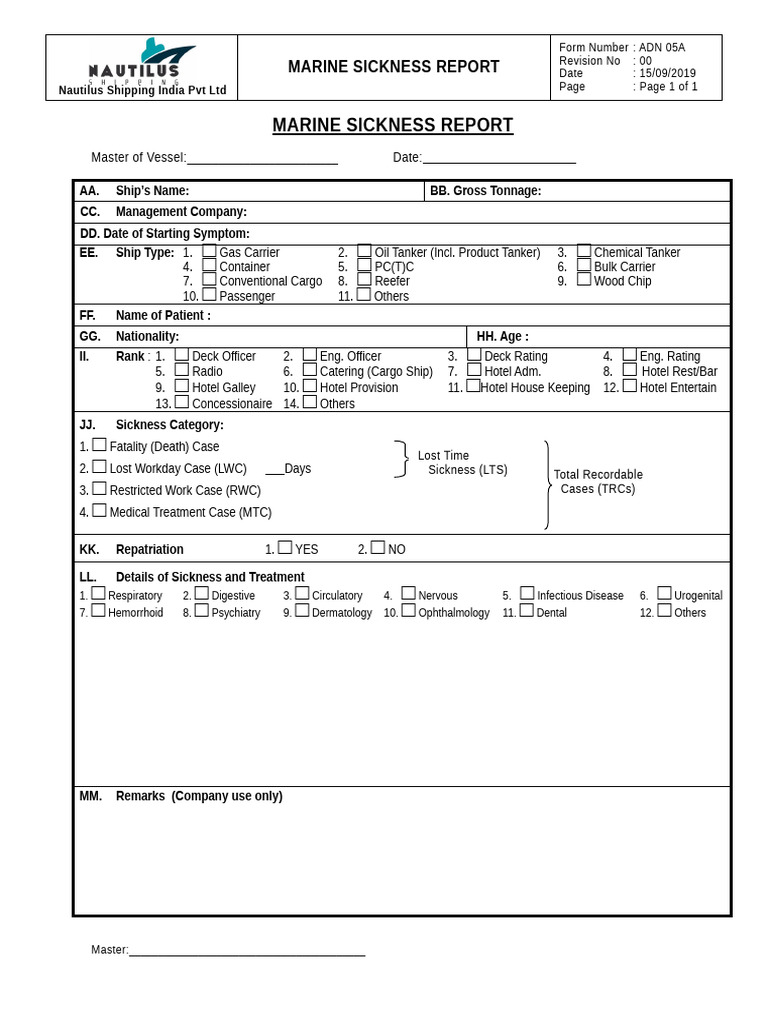 Marine Sickness Report Form ADN 05A | PDF | Ships | Merchant Navy