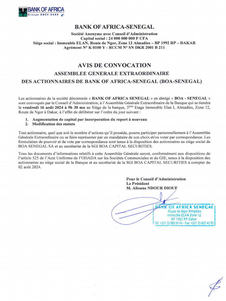 BOA SN Avis de Convocation Assemblée Générale Extraordinaire 2024 | PDF