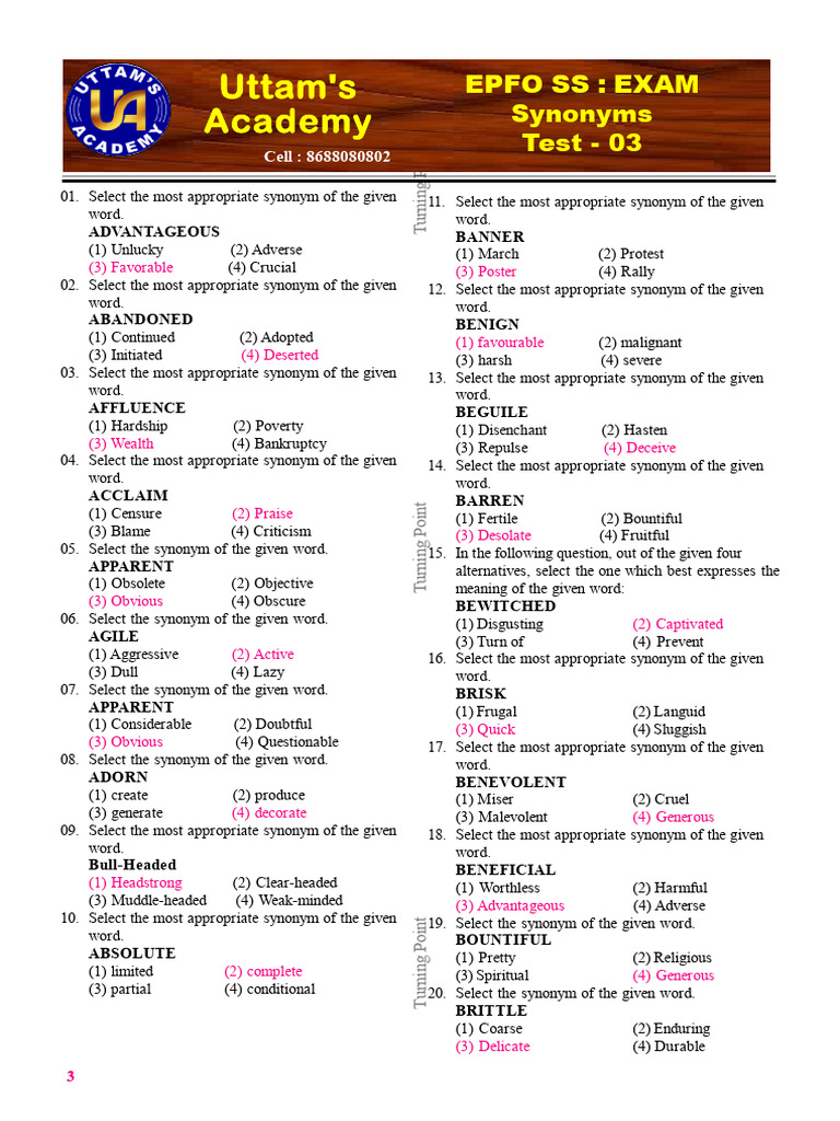 Synonyms Test 3 | PDF