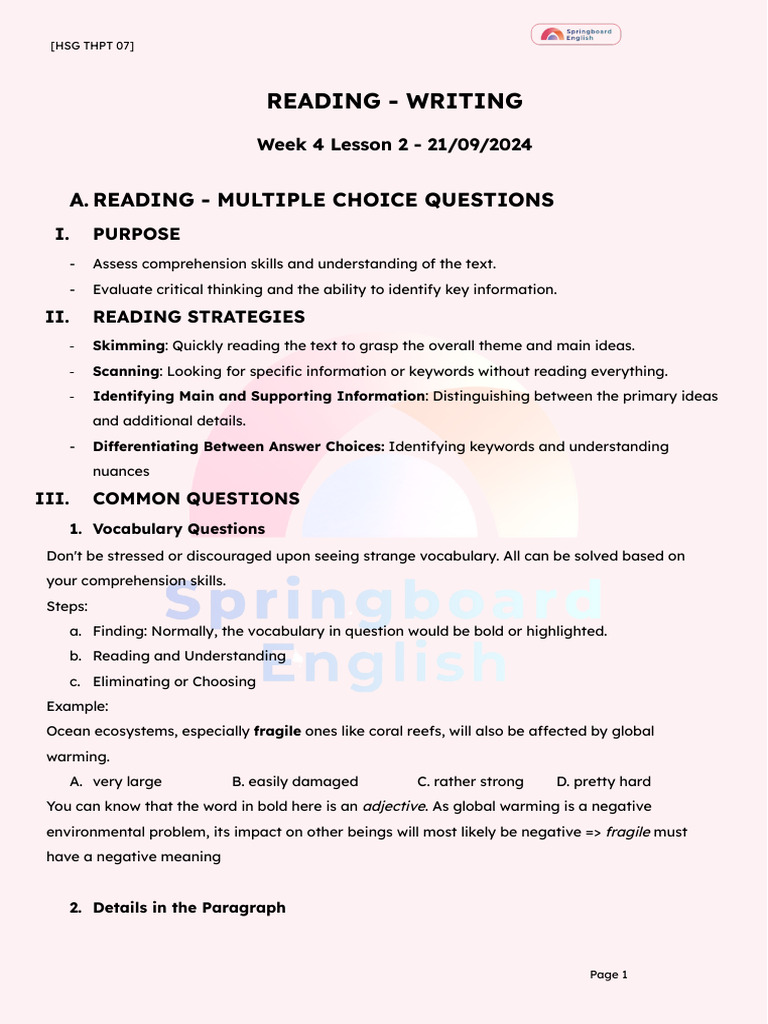 Reading - Writing: A. Reading - Multiple Choice Questions | PDF