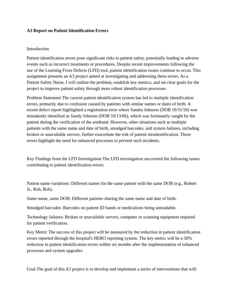 A3 Report On Patient Identification Errors Pdf