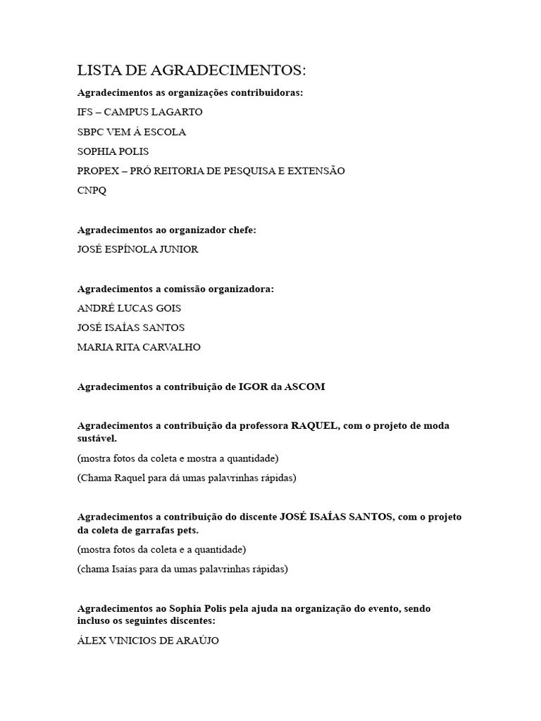 Lista de Agradecimentos | PDF