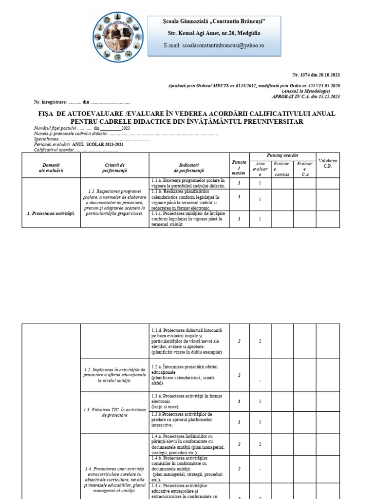 Fisa Cadru de Autoevaluare Anuala Profesori-1 PDF | PDF