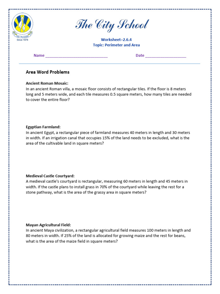 Class 5 Worksheet 2.6.4 - Perimeter and Area | PDF