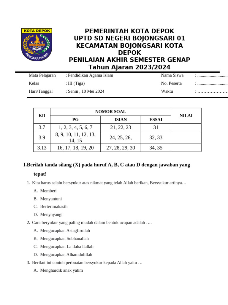 Soal SAS PAI Kelas 3 2024 | PDF