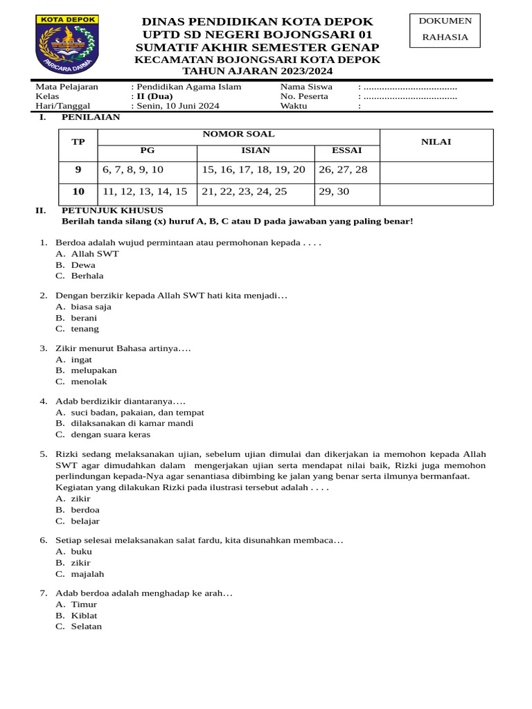 Soal Sas Pai Kelas 2 Genap | PDF