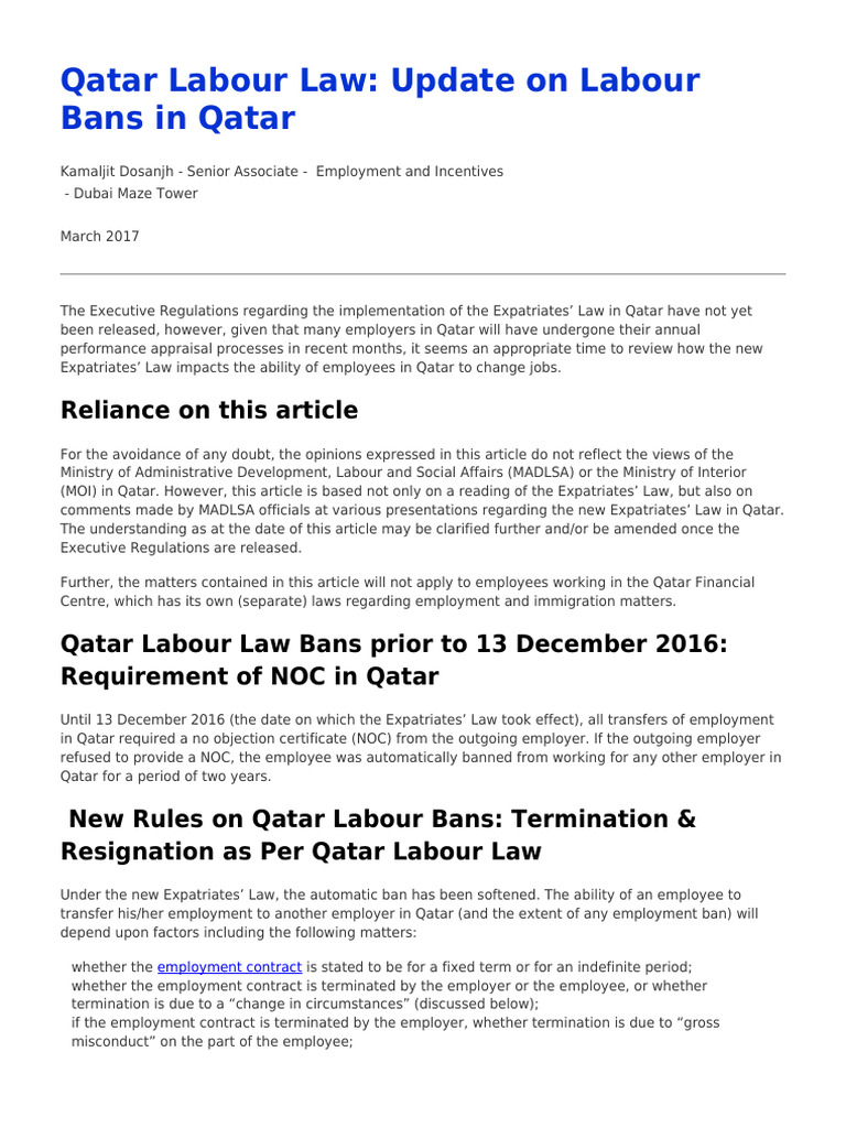 Qatar Labour Law - Update On Labour Bans in Qatar | PDF | Employment ...