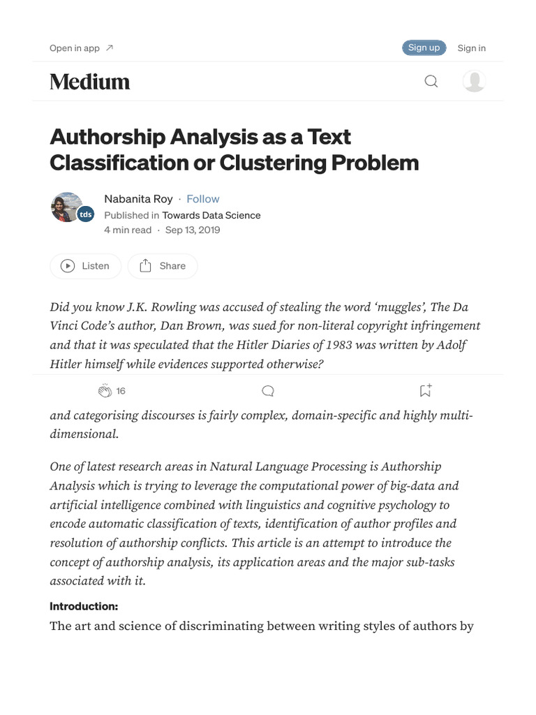 Authorship Analysis As A Text Classification or Clustering Problem - by Nabanita Roy - Towards ...
