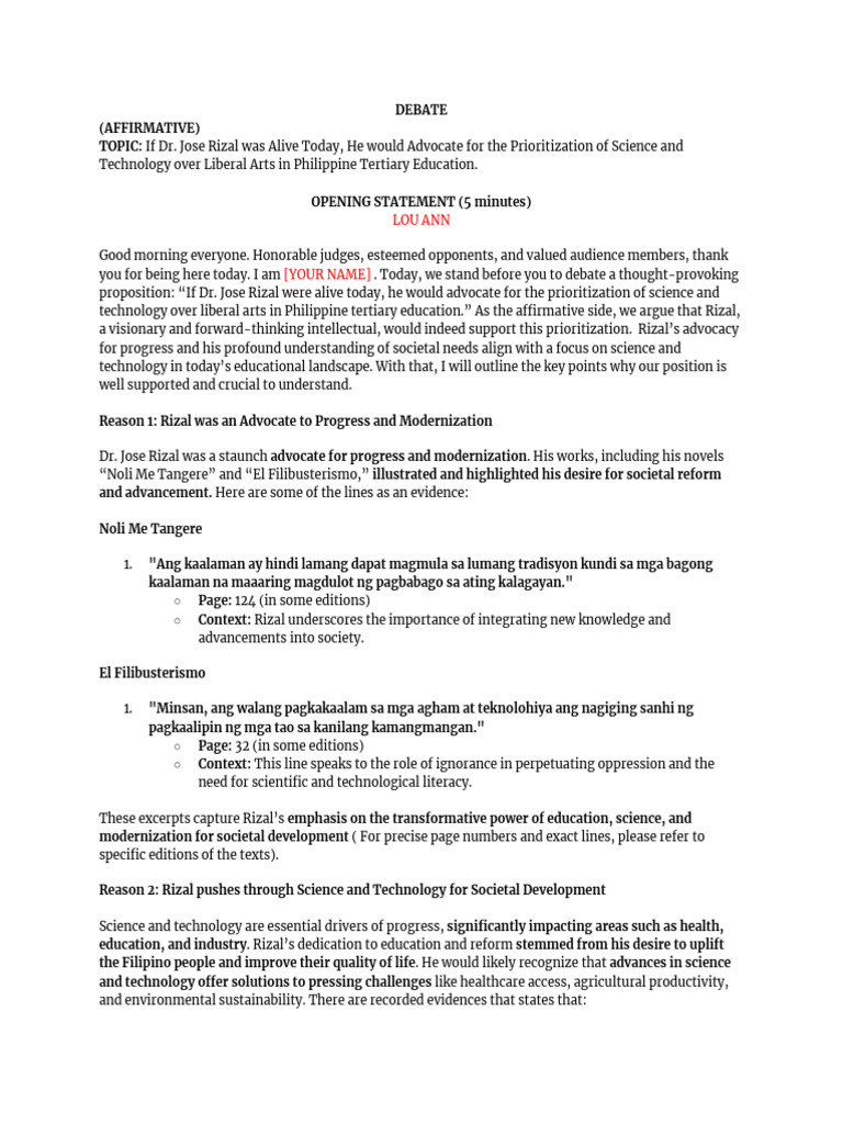 Rizal - Match 1 Debate | PDF