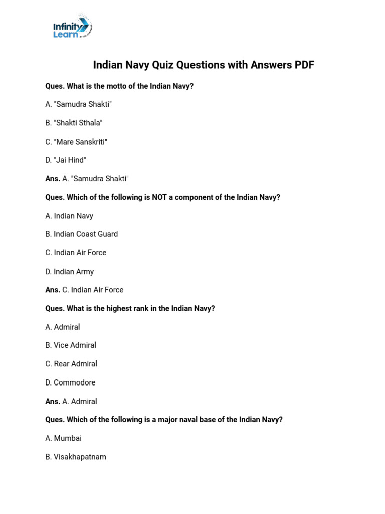 Indian Navy Quiz Questions With Answers PDF | PDF