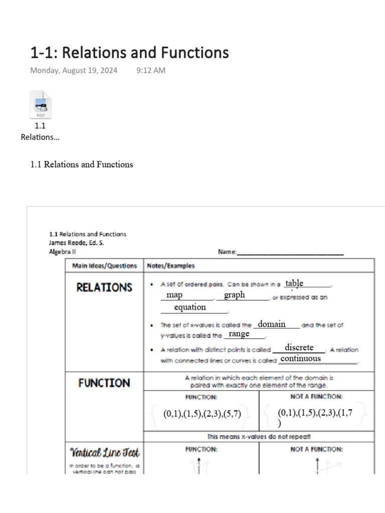 1-1 Relations and Functions | PDF