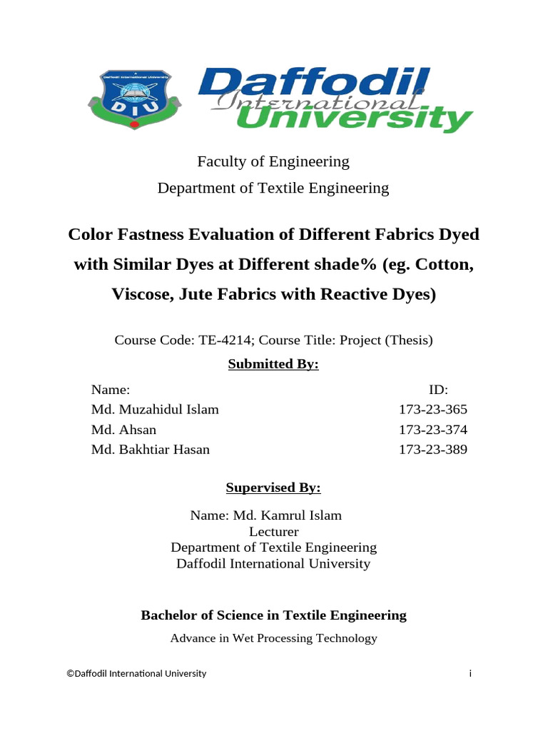 Color Fastness Evaluation of Different Fabrics Dyed With Similar Dyes at Different Shade% (Eg ...