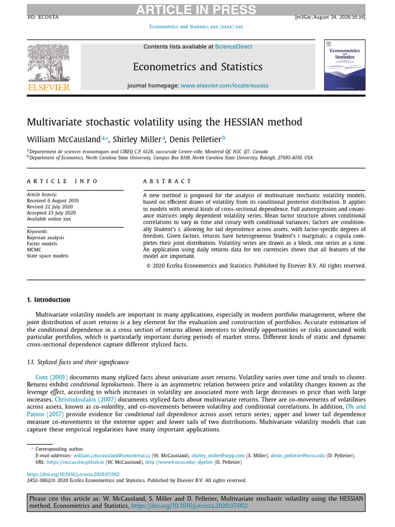 Mccausland2020 Multivariate Stochastic Volatility Using The Hessian