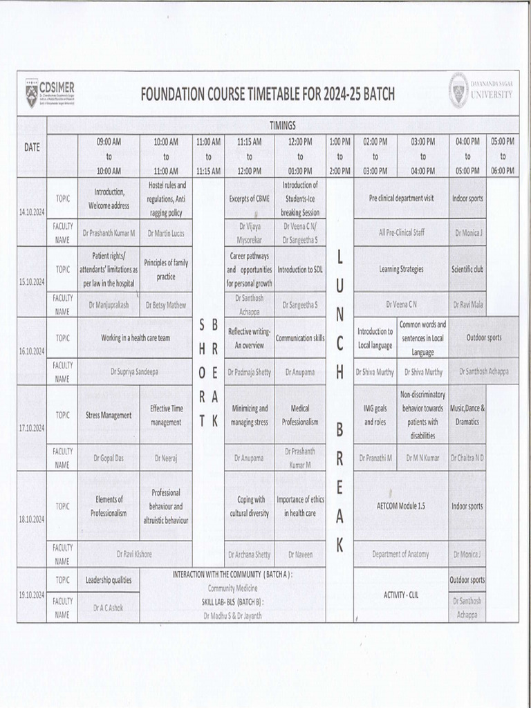 Foundation Course Time Table - 2024-25 Batch | PDF