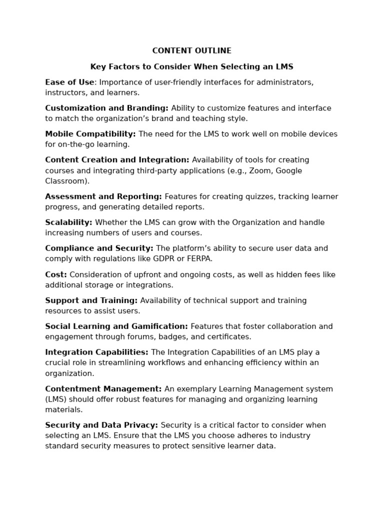 Content Outline Factors To Consider In Lms Selection Pdf Learning Career And Growth