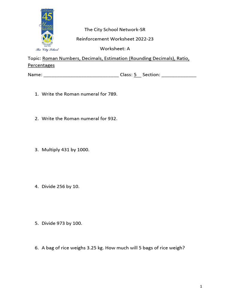 Grade 5 Work Sheet A | PDF