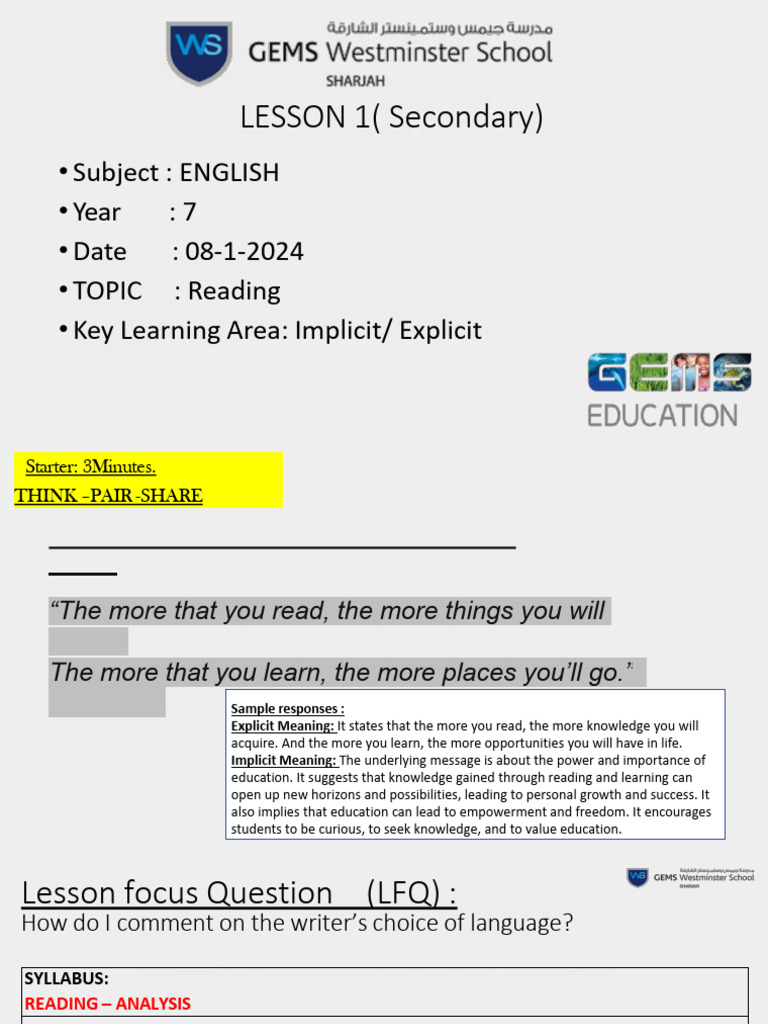 LESSON 1 (Secondary) : Subject: ENGLISH Year: 7 Date: 08-1-2024 Topic ...