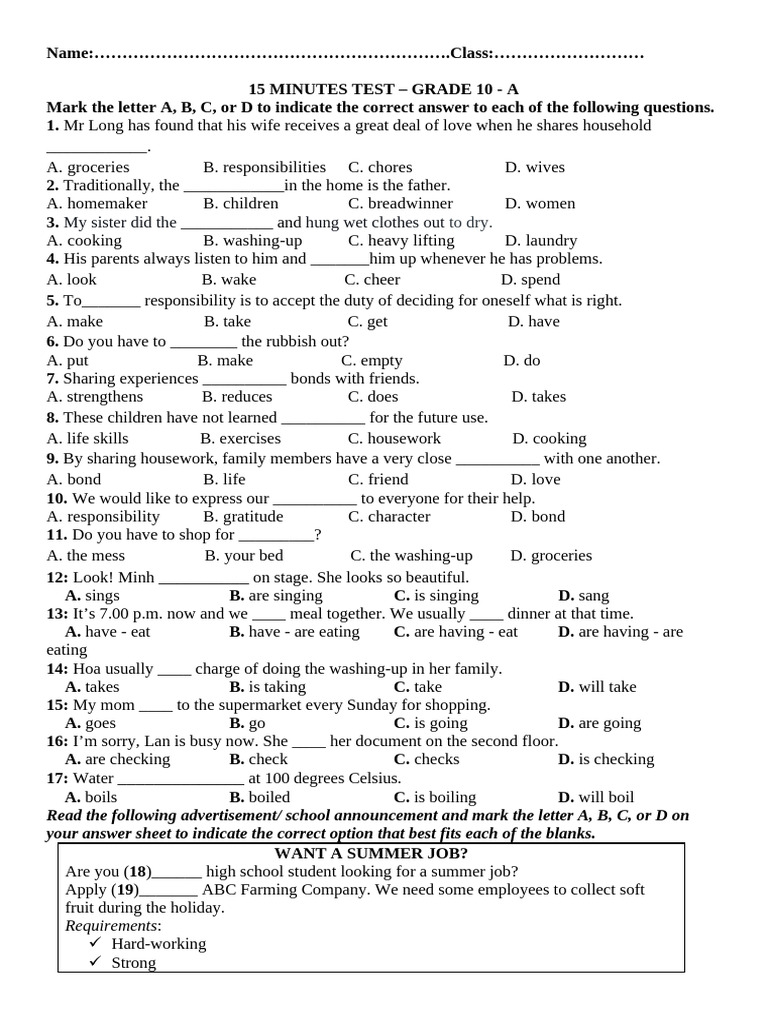 15' TEST 1 - Grade 10 | PDF