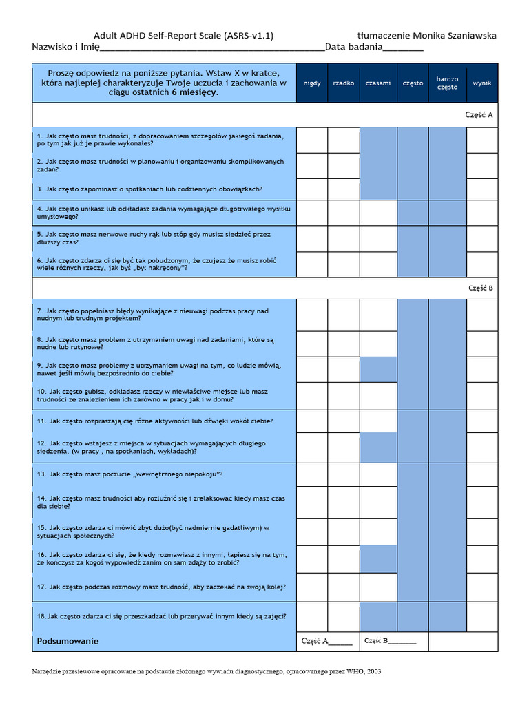 Adult ADHD Self-Report Scale (ASRS-v1.1) Zenie Monika Szaniawska | PDF