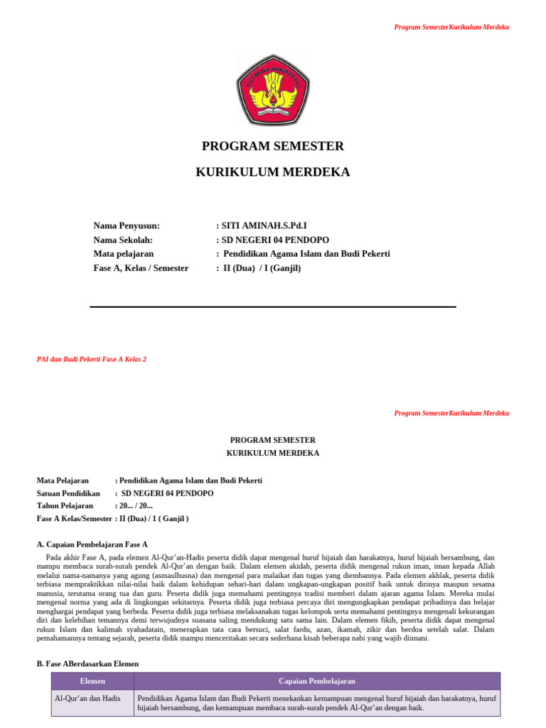 Promes Pai BP Kelas 2 Siti Aminah SDN 4 PDP | PDF