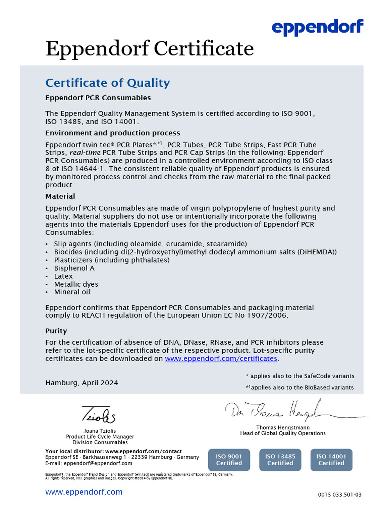 Eppendorf Consumables Certificate Quality Conformity Eppendorf PCR Consumables Twintec PCR ...