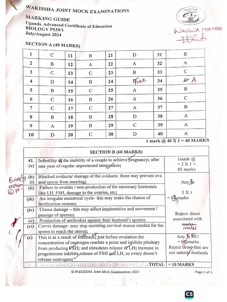 Wakissha UACE Biology Paper 1 Guide 2024 | PDF