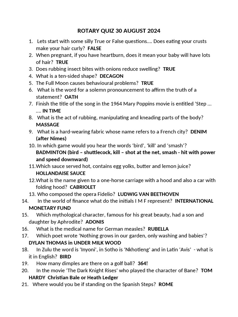 Rotary Quiz Questions 2024 | PDF | Heliocentrism