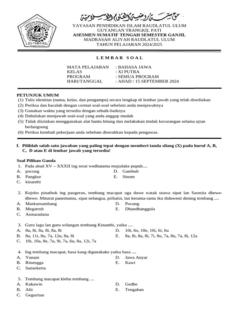 SOAL ASTS GANJIL BJAWA XI Pa 24 - 25 | PDF