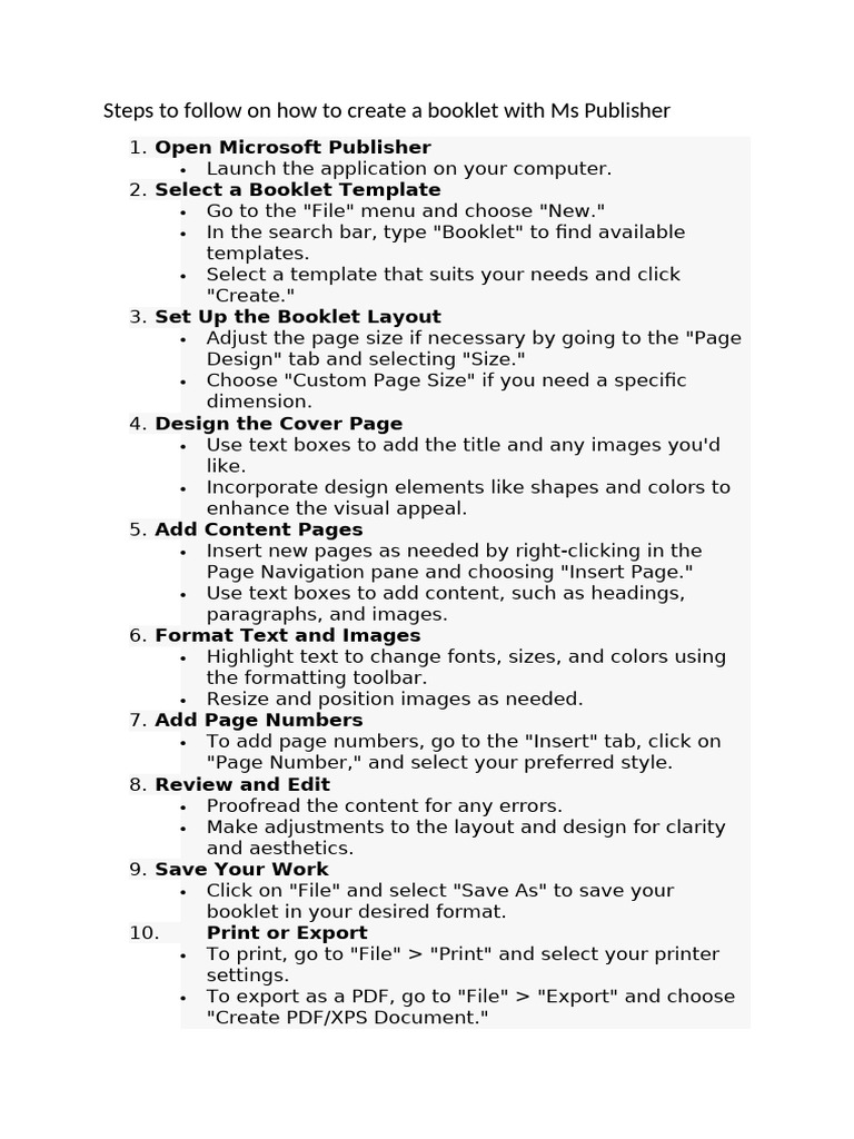 Steps To Follow On How To Create A Booklet With Ms Publisher | PDF
