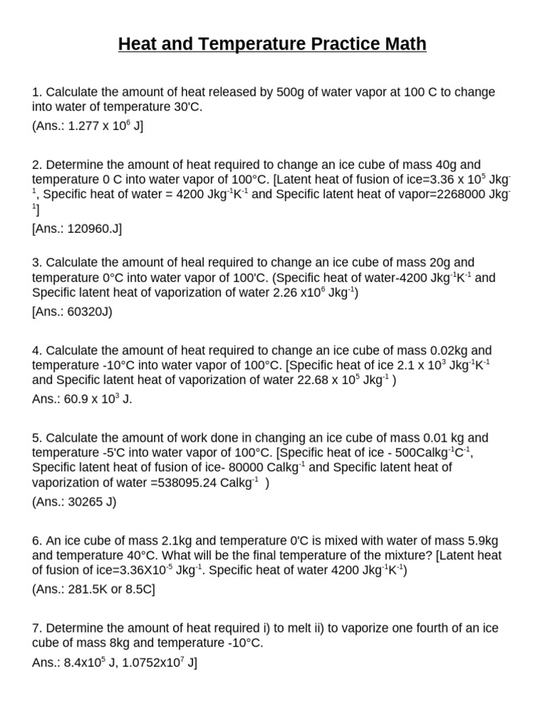 Heat and Temperature Practice Math | PDF