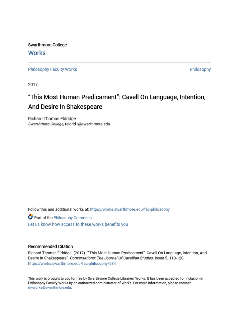 Eldridge This Most Human Predicament - Cavell On Language Intention and ...