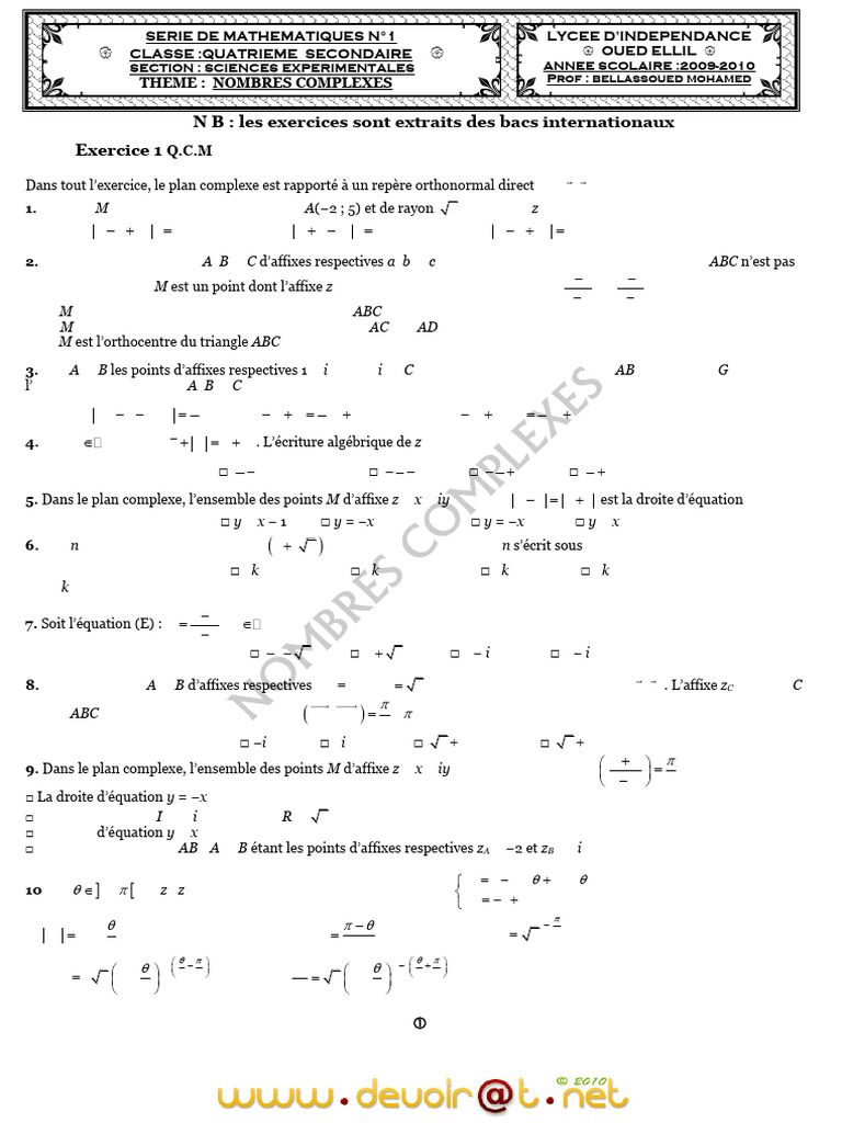 Série D'exercices N°1 - Math Nombres Complexes - Bac Sciences Exp (2009 ...