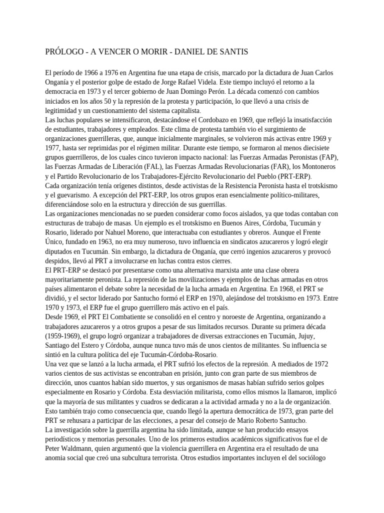 RESUMEN - PRÓLOGO A Vencer o Morir de Santis | PDF