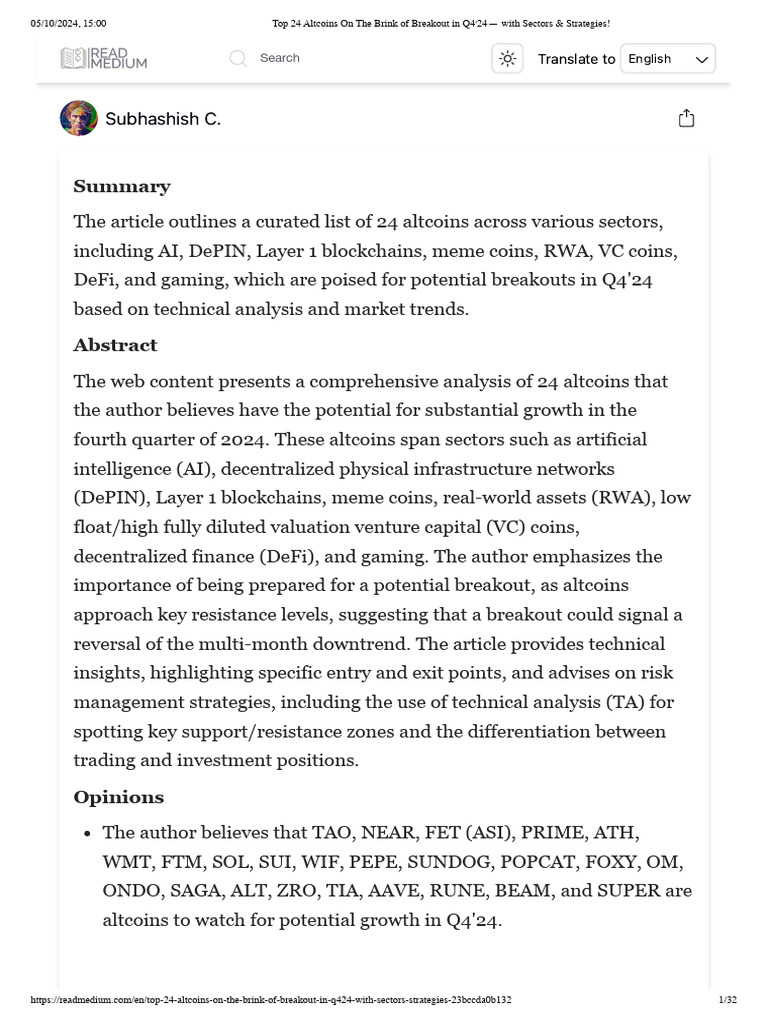 Top 24 Altcoins On The Brink of Breakout in Q4'24 - With Sectors & Strategies! | PDF