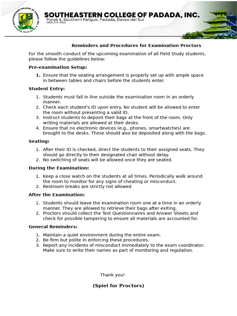Reminders and Procedures For Examination Proctors | PDF