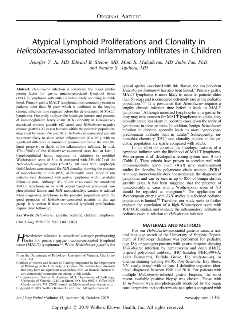 Atypical Lymphoid Proliferations and Clonality in Helicobacter ...