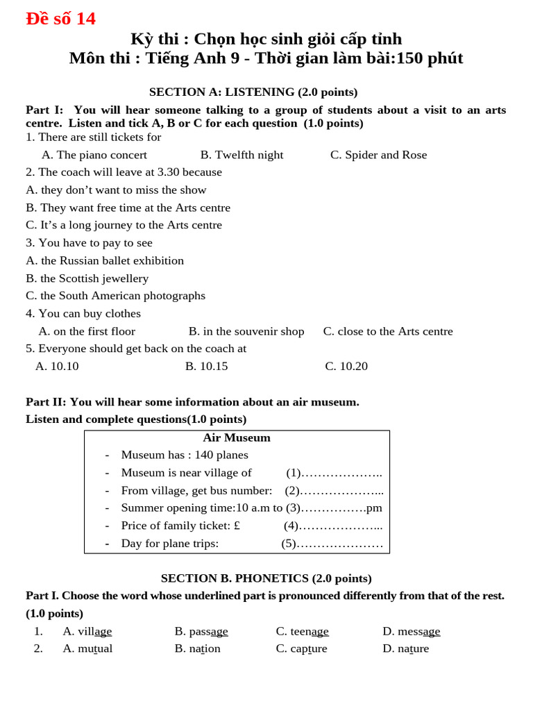 De Thi HSG Anh 9 Cap Tinh 14 | PDF