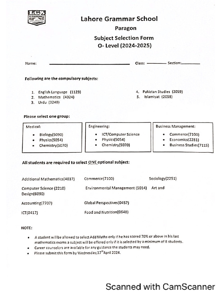 LGS Paragon O Level Subject Sheet | PDF
