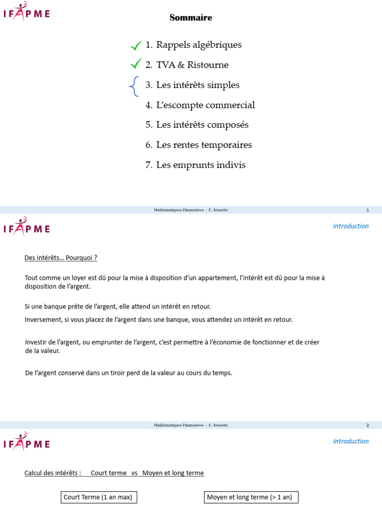 Mathématiques Financières 1ère Année - IfAPME - Cours 02 | PDF