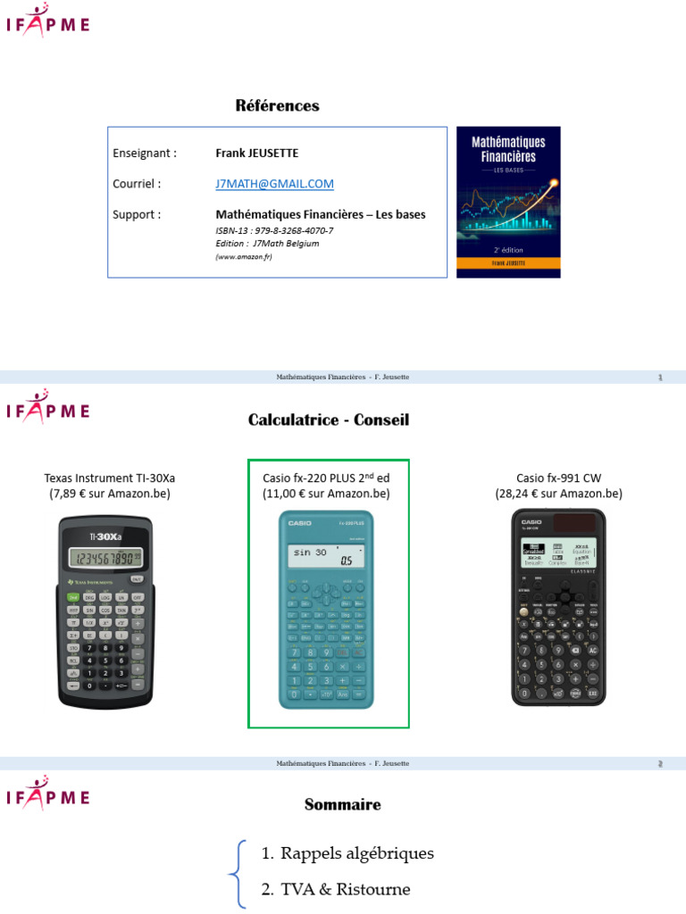 Mathématiques Financières 1ère Année - IfAPME - Cours 01 | PDF