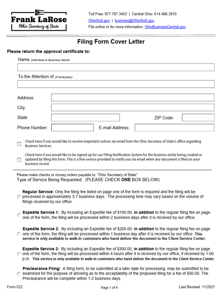 Filing Form Cover Letter: Name To The Attention of | PDF