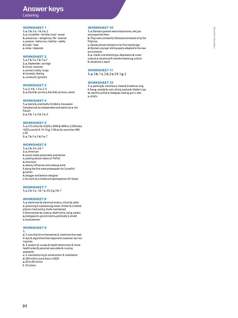 Enga11 Listening Worksheets Answer Keys and Listening Scripts | PDF
