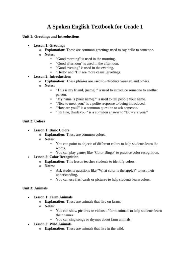 A Spoken English Textbook For Grade 1 | PDF