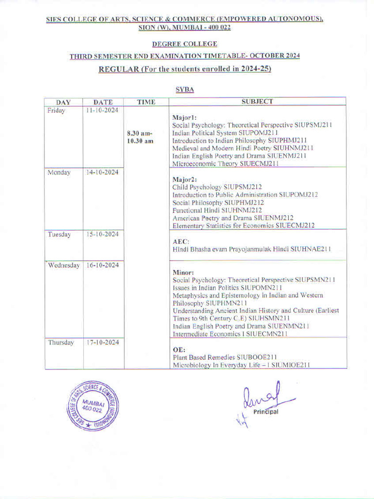 Regular - SYBA - SEM 3 - October 2024 Timetable | PDF