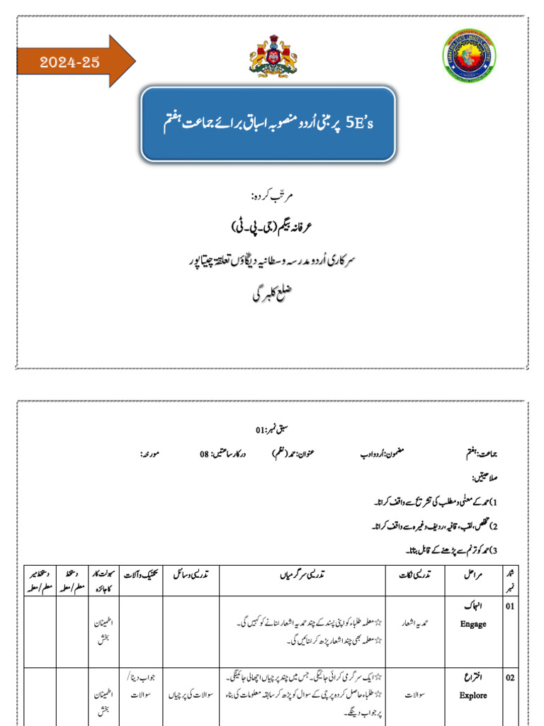 Study - Manzil 7th Urdu Lesson Plans 1st SEM.2024-25 | PDF