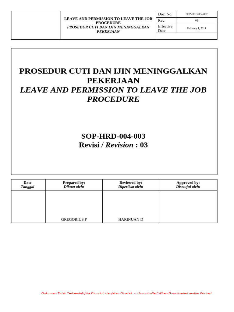SOP-HRD-PROSEDUR CUTI Dan Ijin Meninggalkan Pekerjaan | PDF